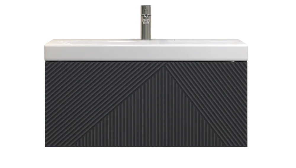 Тумба с раковиной Velvex Edge 80.1Y подвесная, 81, 8 см, серая, черная, матовая, из МДФ, с ящиками, раковина для ванной, фаянсовая, прямоугольная, встроенный слив-перелив