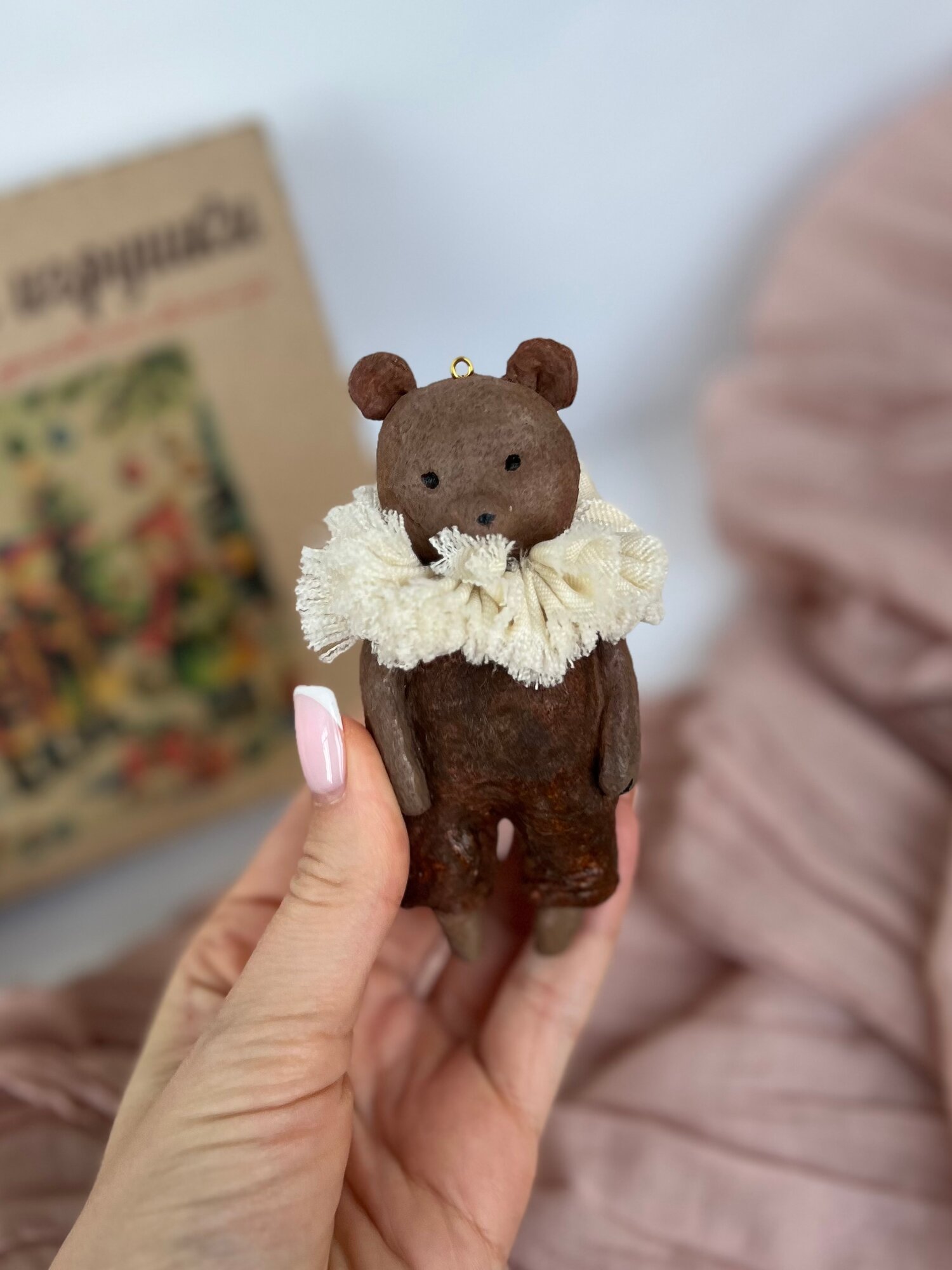 Елочная игрушка "Мишка винтаж", 10см, ручная работа, бежевая