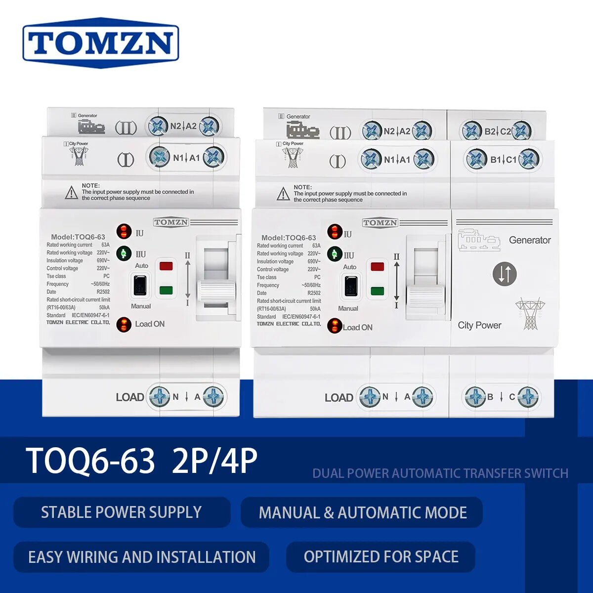Автоматический переключатель TOMZN TOQ6 63A для подключения генератора 230В 4P