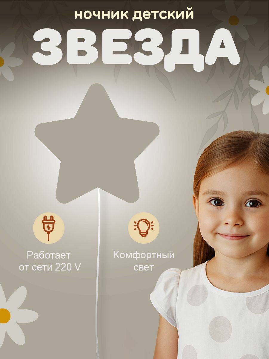 Ночник детский светильник для сна настенный звезда деревянный светодиодный 30х30 см, от сети, 4000К