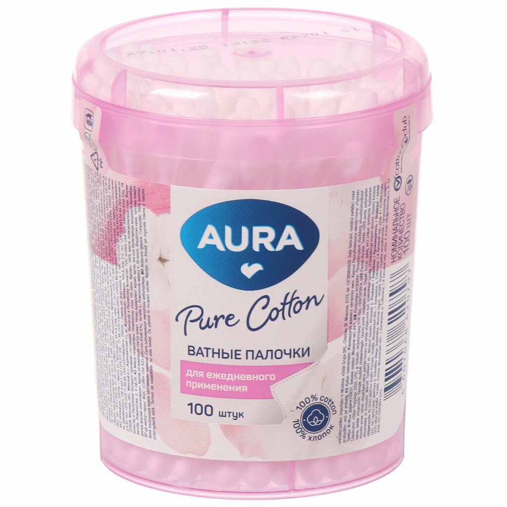 Ватные палочки Aura Buds 100 шт в удобном стакане, натуральный хлопок для ежедневной гигиены и макияжа, Россия.