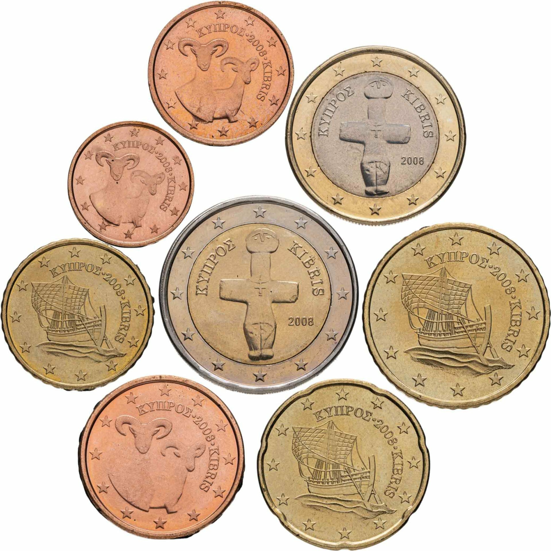 Кипр набор из 8 монет 2008, Биметалл, в сохранности AU-UNC