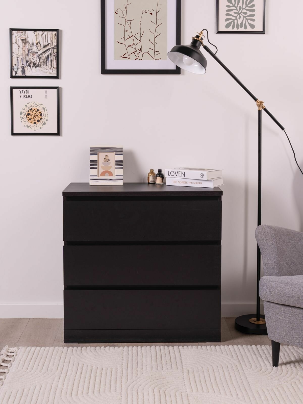 Комод Варма, 3 ящика, 80х78х40 см, шпон натурального дерева, ясень черный, ГУД лакк