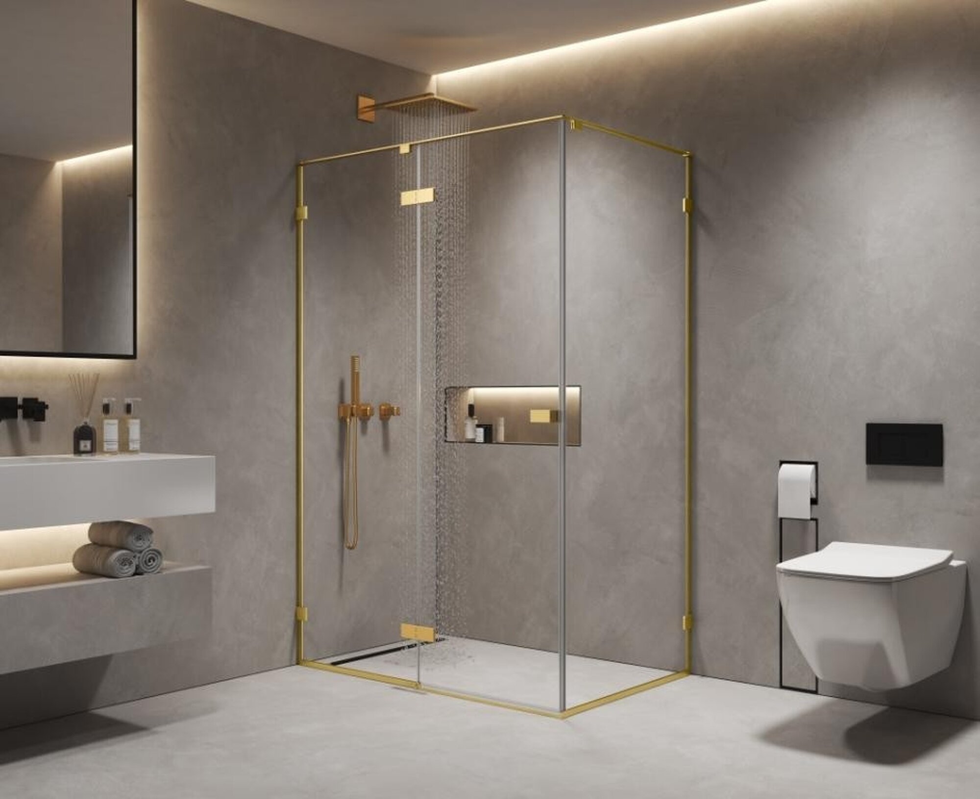 Боковая панель 900х2000 мм, стекло 8 мм, прозрачное, EasyClean, цвет профиля золото шлифованное