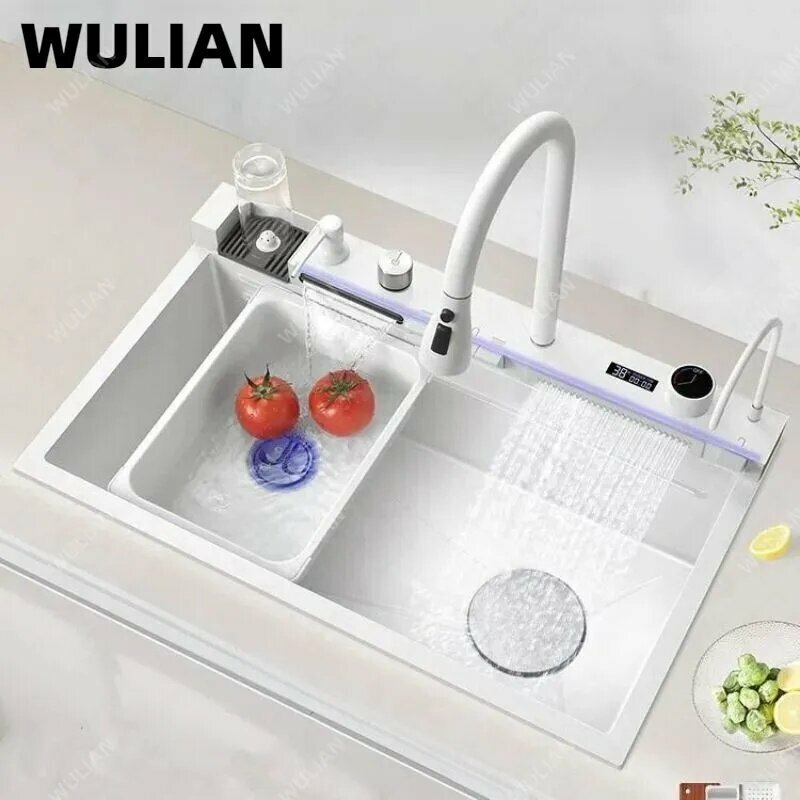 Многофункциональная кухонная мойка Белая 75X46CM одном Многофункциональный Полный комплект с индикатором температуры/выдвижным краном, краном для мойки чашек/очистки воды