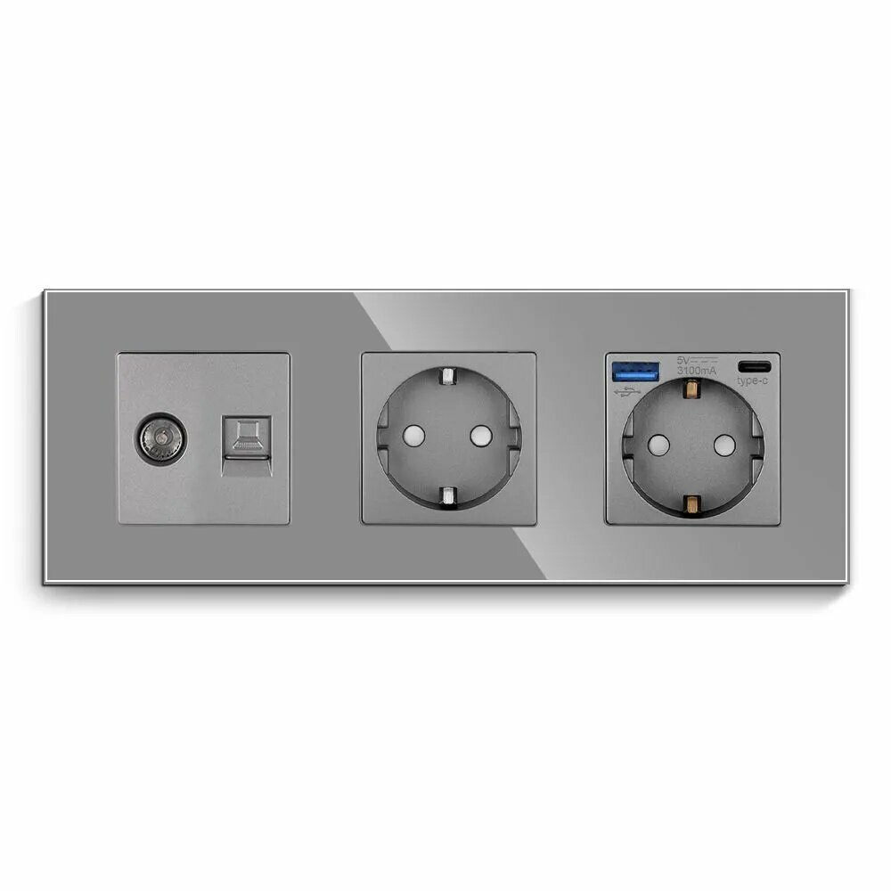 Розетка с заземлением с USB(Type C+Type A), с тв Сетевой модуль RJ45 розетки,3 поста серый 1шт.