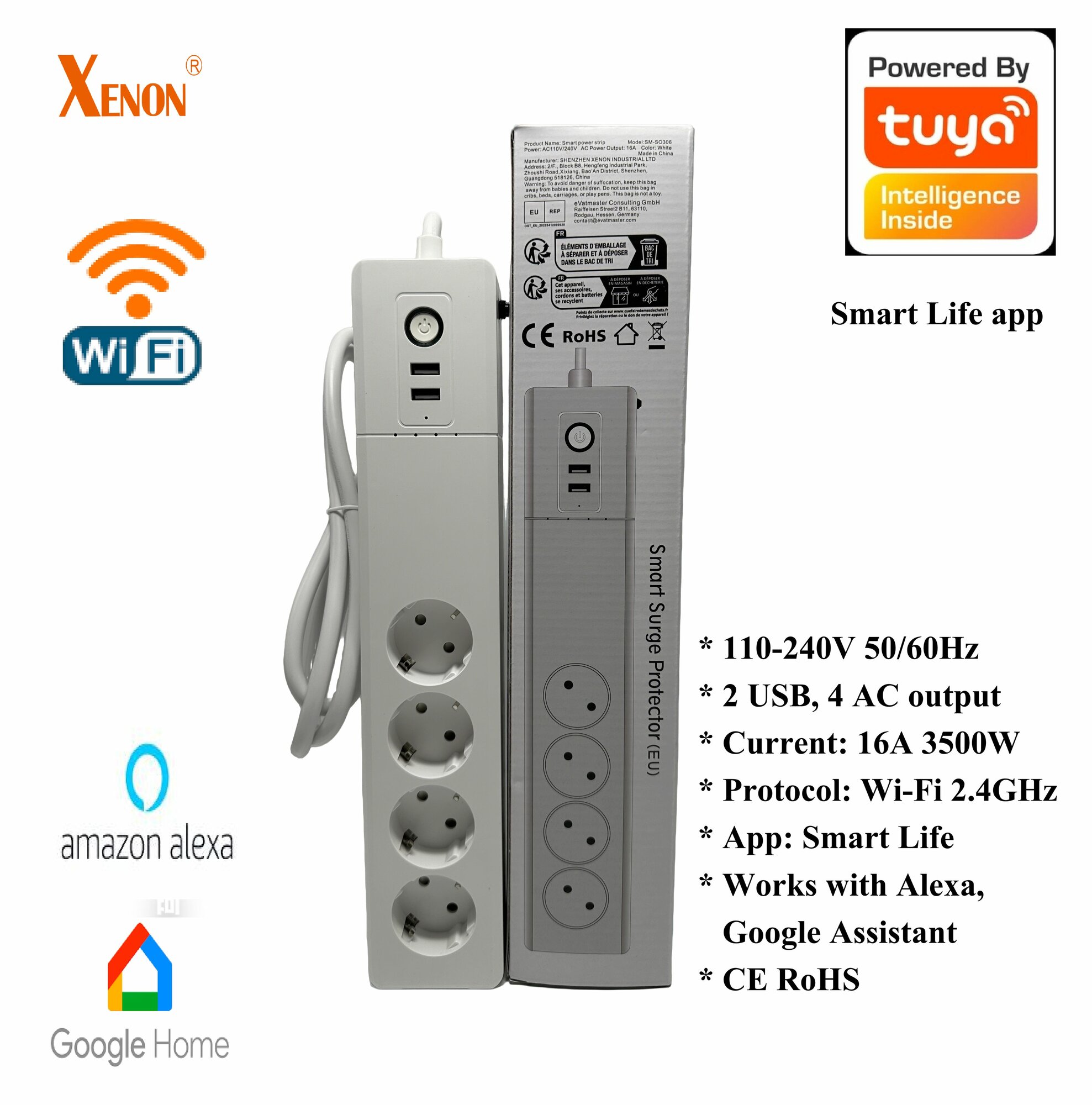 Умная розетка Xenon Tuya WiFi 16A 3500W 220V, приложение Smart Life app, совместимая с Echo и Google Assistant