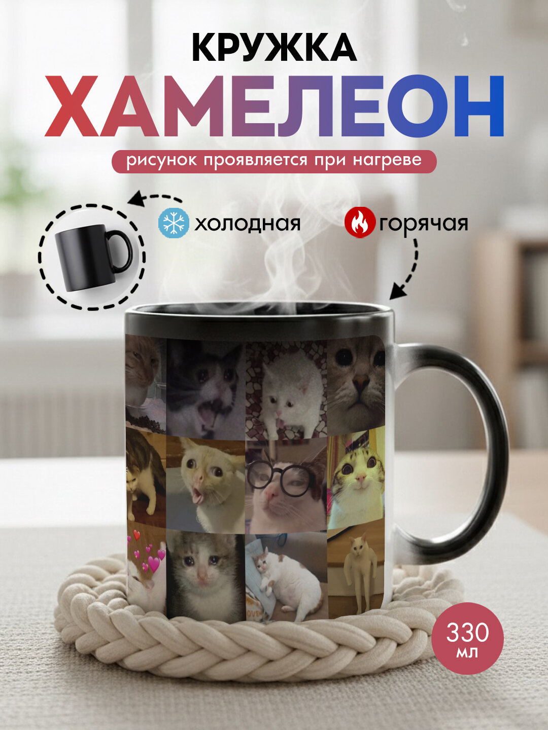 Кружка-хамелеон меняющая цвет от температуры Мемные котики от бренда Нескучные вещи