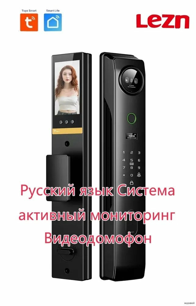 Умный замок с распознаванием лиц и отпечатков пальцев, с русской системой и голосом, удаленный мониторинг с приложением tuya Без механизма замка
