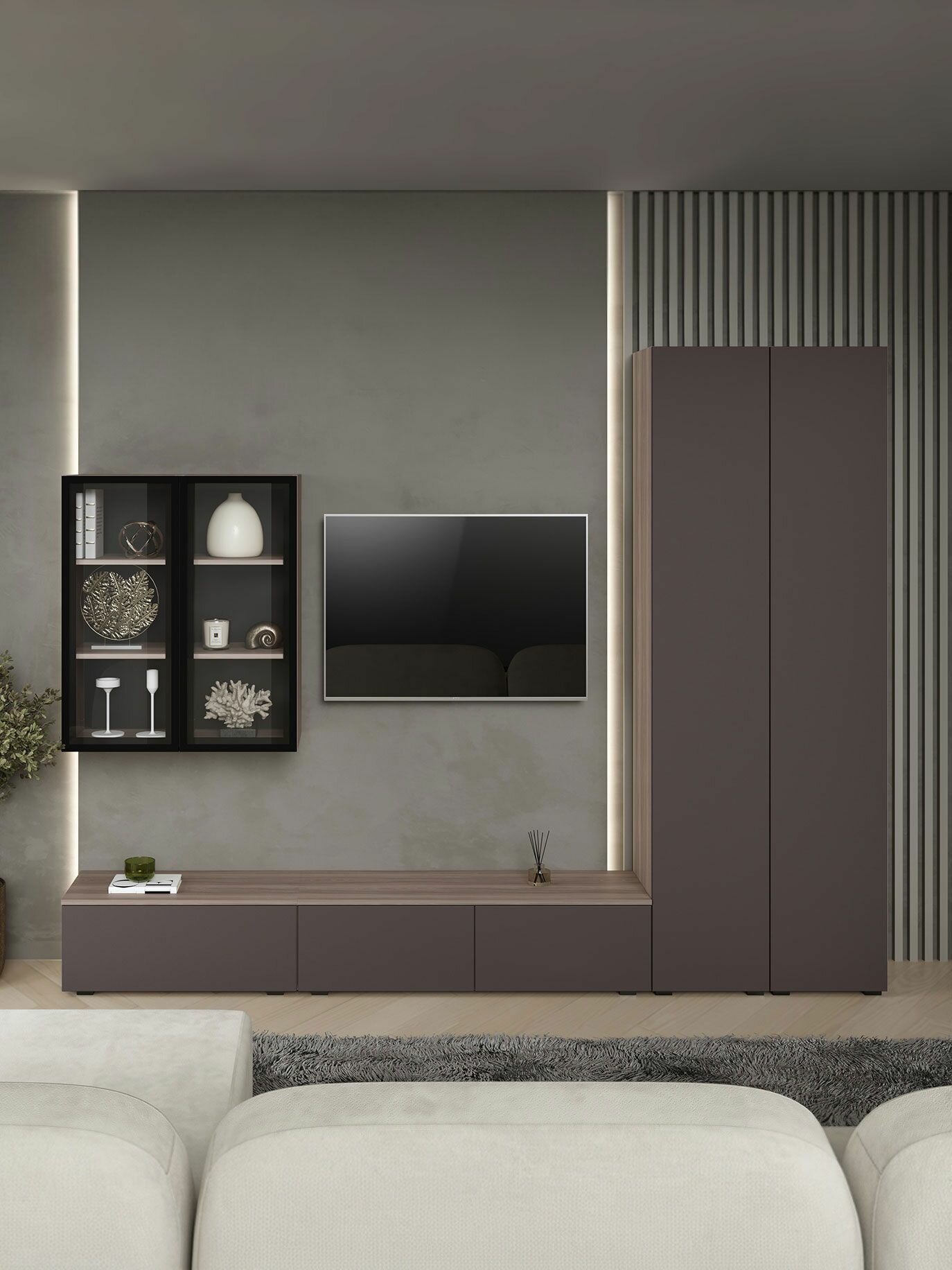 Гостиная комплект Роквуд, тумба под телевизор, шкаф-пенал, навесной шкаф-витрина, 269,1х37,2х212 см, Эмили Блаш / Графит