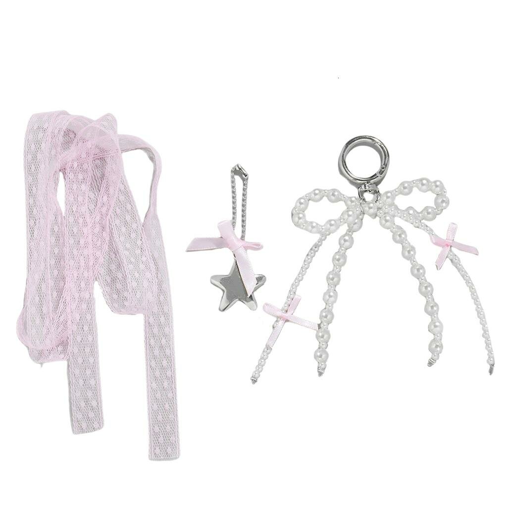 Набор брелоков с бантиками, сердцами и звёздочками, Имитация розовой сетки