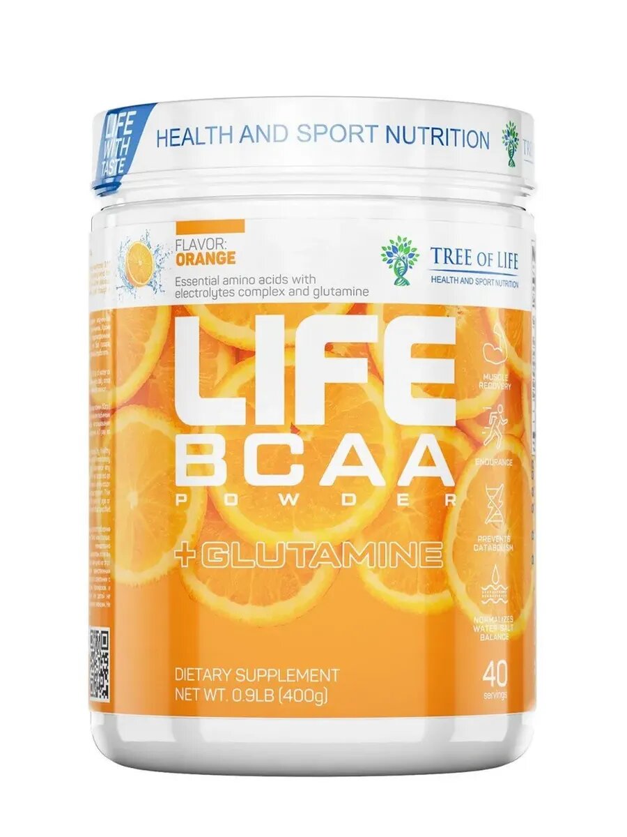 Аминокислоты Tree of Life Life BCAA Powder + Glutamine, 400 гр, апельсин