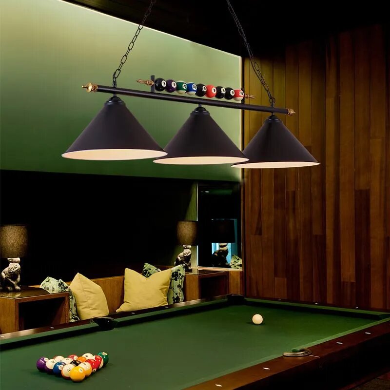 Бильярдный светильник 3 плафона черный, длина 142 см, для бильярдного стола