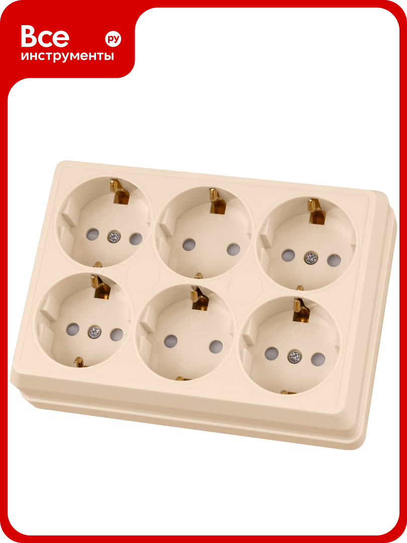 Шестиместная накладная розетка TDM ELECTRIC Ладога, IP20, 16A, с защитными шторками, слоновая кость, 250В, 1 фаза, ABS-п