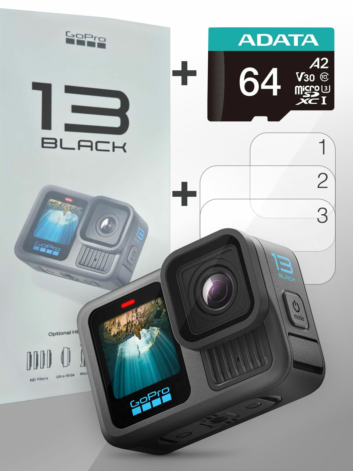 Go Pro Экшн камера 4k GoPro 13 Hero Black + карта памяти Adata 64 Гб + 3 защитных стекла (CHDHX-131-RW)