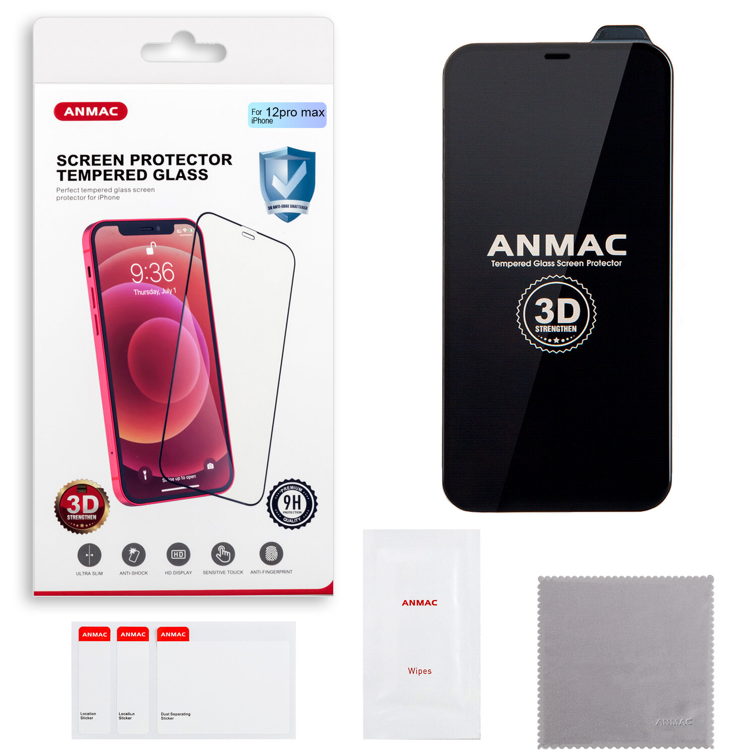 Защитное стекло iPh 12 Pro Max 3D ANMAC черный усиленное Арт.1137320