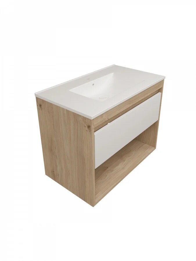 Тумба с раковиной Teymi Vitra 80 подвесная, 81 см, белая, светлое дерево, матовая, из МДФ, с ящиками, раковина для ванной, фарфоровая, прямоугольная