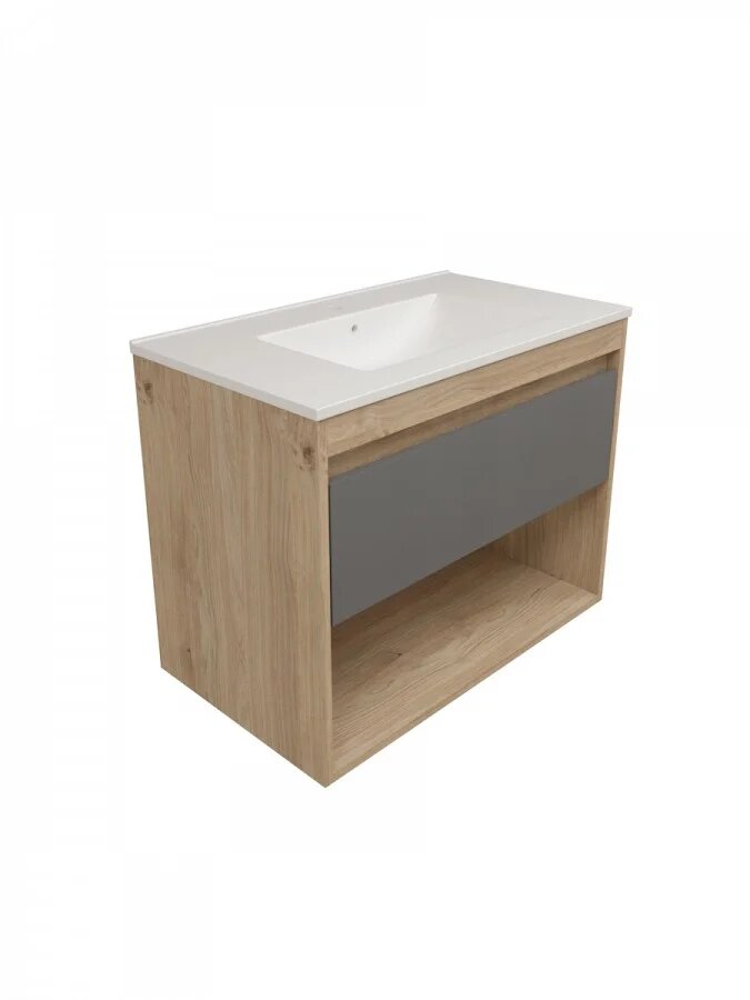 Тумба с раковиной Teymi Vitra 80 подвесная, 81 см, серая, светлое дерево, матовая, из МДФ, с ящиками, раковина для ванной, фарфоровая, прямоугольная