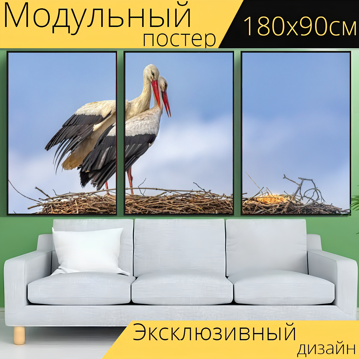 Модульный постер "Белые аисты, птицы, гнездо" 180 x 90 см. для интерьера на стену в тубусе
