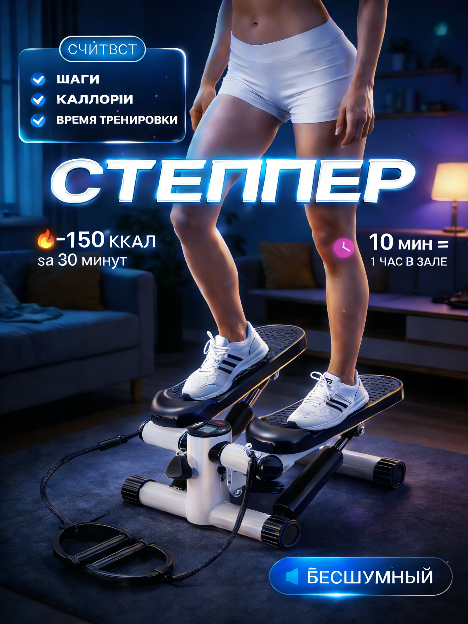 Степпер для ног с эспандерами Максимум, до 150 кг, LCD дисплей, цвет белый