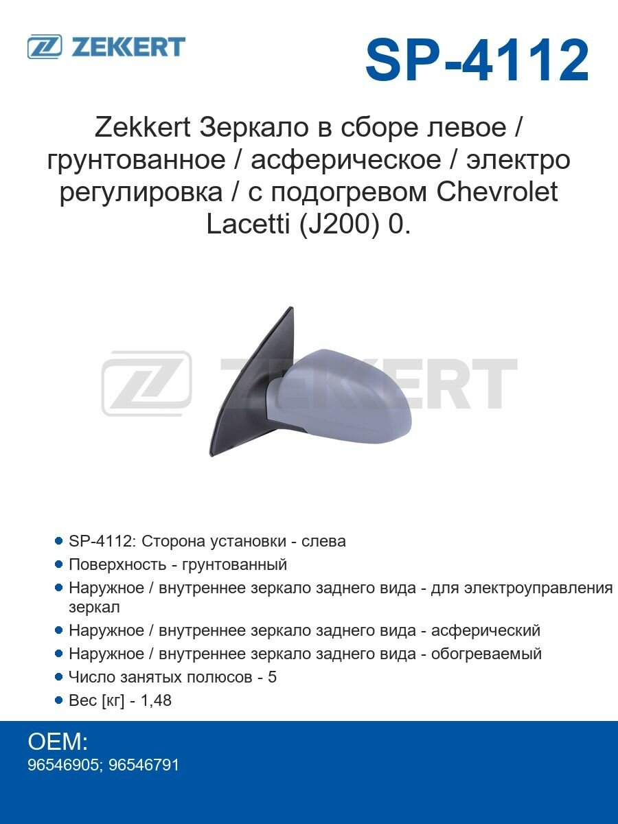 Zekkert Зеркало в сборе левое / грунтованное / асферическое / эл регул / с подогр Chevrolet Lacetti (J200) 0.