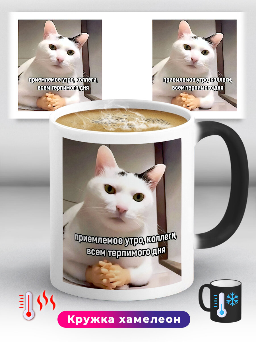 Кружка хамелеон с приколом мем котик Приемлемое утро коллеги