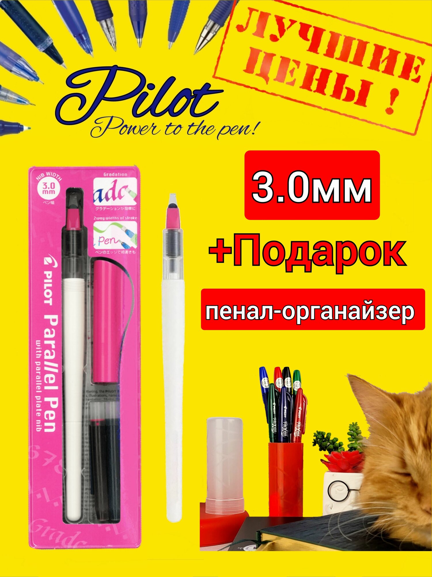 Ручка перьевая для каллиграфии Pilot "Parallel Pen", 3,0 мм, 2 картриджа + Подарок пенал-органайзер