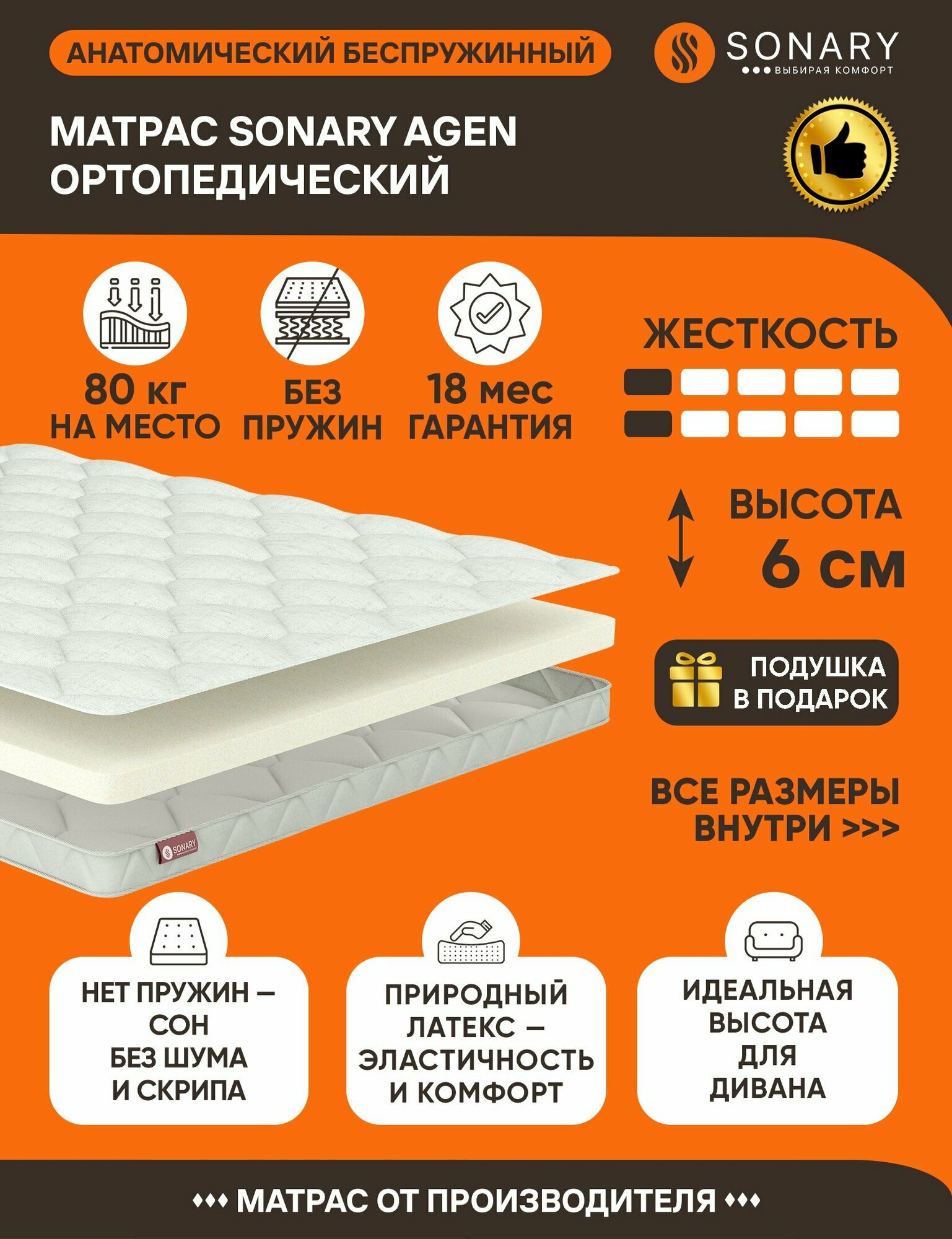 Матрас Sonary Agen 65х190 серии Latex, высота 6 см, анатомический мягкий латексный Беспружинный