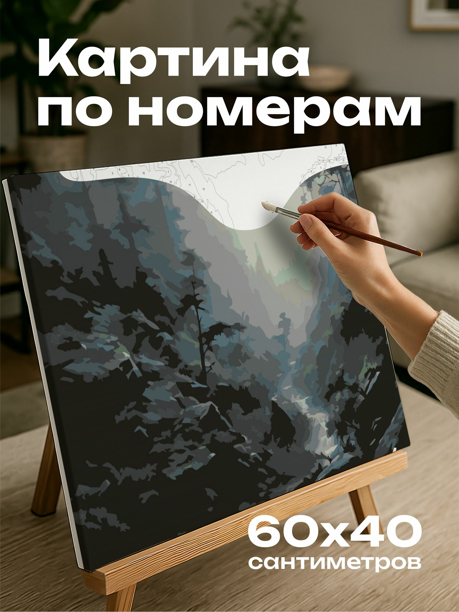 Картина по номерам 60x40 см, долина, туман, деревья, загадочная красота, скрытые секреты, масляная картина