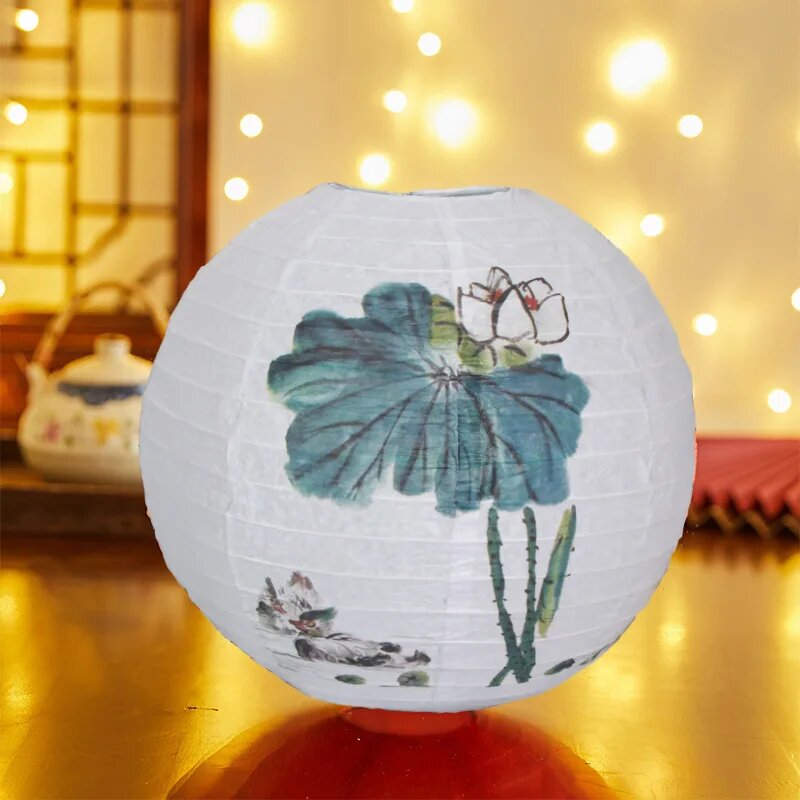 Круглый бумажный фонарь Wusmart 30 см с цветком сливы ShuangYaHeHua