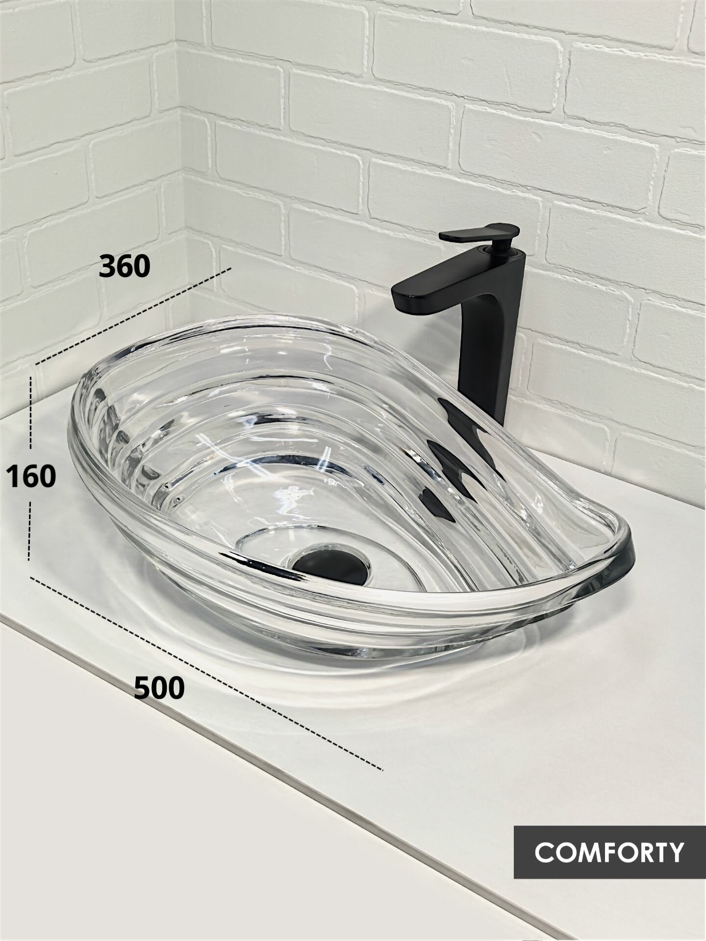 Раковина стеклянная накладная прозрачная 50 см для ванной, Comforty CF1G66