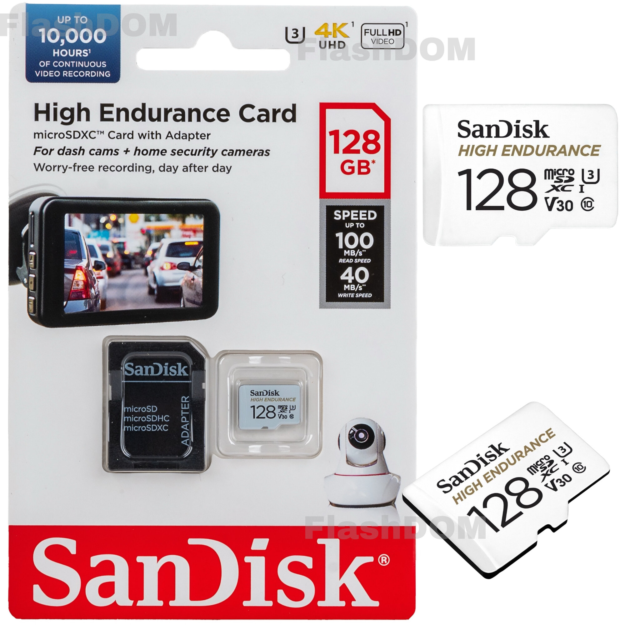 Карта памяти SanDisk MicroSDXC 128 ГБ High Endurance Video Monitoring Card UHS-I U3 V30 (100 Mb/s) Class 10 + SD адаптер