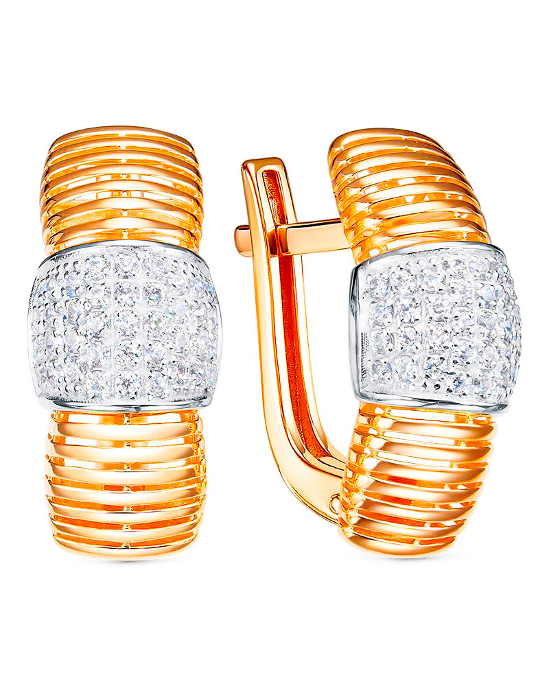 Серьги двусторонние BERGER, красное золото, 585 проба, родирование, фианит
