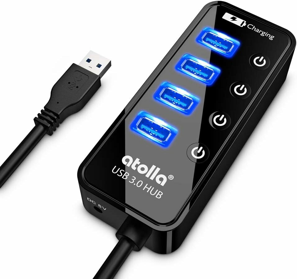 3.0 хаб, Atolla 4 порта, суперскоростной 3 -сплиттер с выключателем, 1 USB порт для зарядки, длина кабеля 2 фута, без A