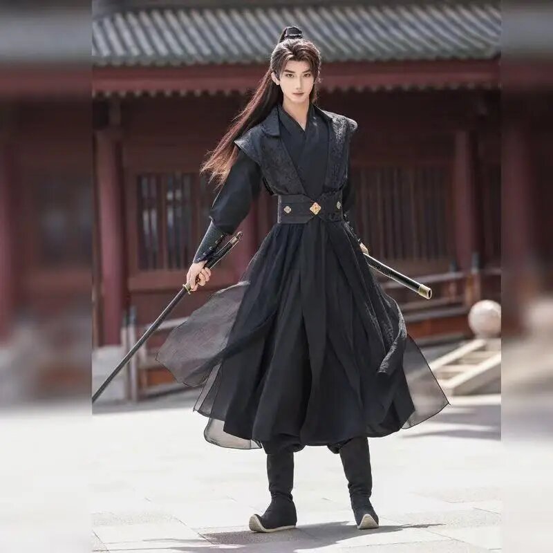 Мужской черный полиэстеровый ханьфу Wuxia Черный, XXL, black full set