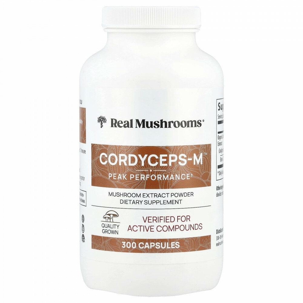 Real Mushrooms, Cordyceps-M®, экстракт грибов в порошке, 300 капсул