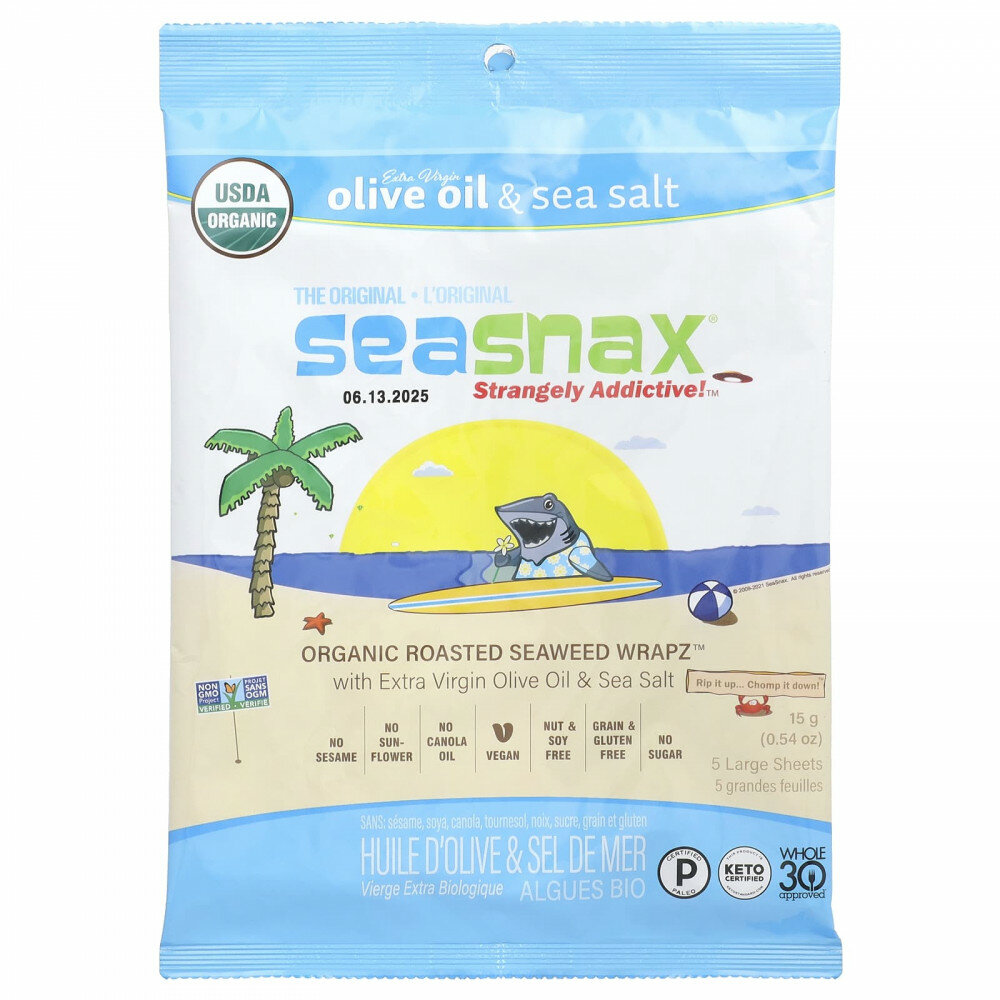 SeaSnax, Organic Roasted Seaweed Wrapz ™, оливковое масло холодного отжима и морская соль, 5 больших листов, 15 г (0,54 унции)