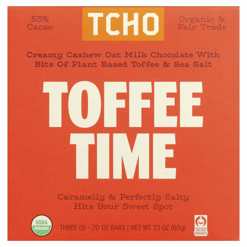 TCHO, Toffee Time, шоколад из овсяного молока с ирисом и морской солью, 53% какао, 3 батончика по 0,70 унции