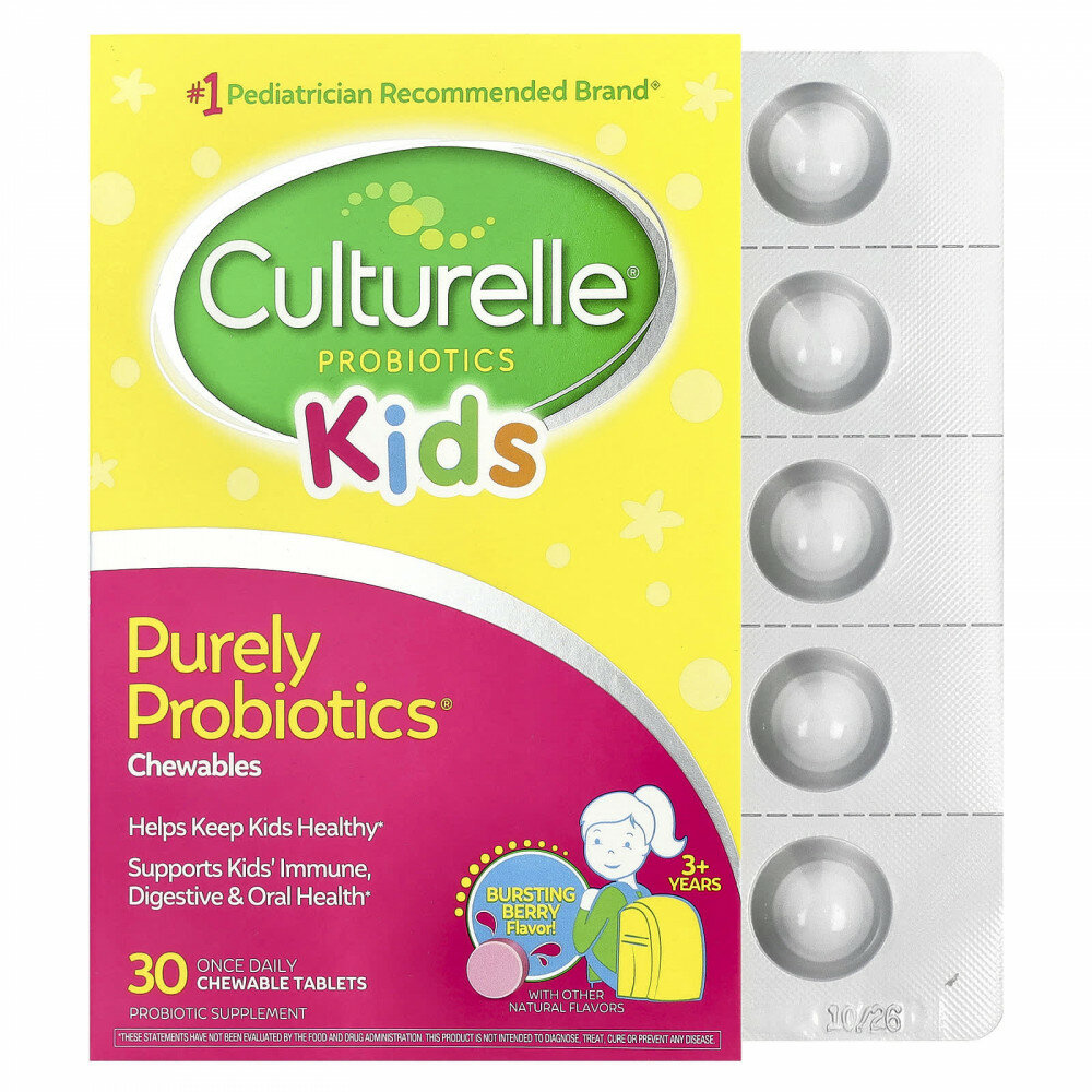 Culturelle, Kids, Purely Probiotics®, чистые пробиотики, для детей старше 3 лет, интенсивный ягодный вкус, 30 жевательных таблеток (25 мг в 1 таблетке)