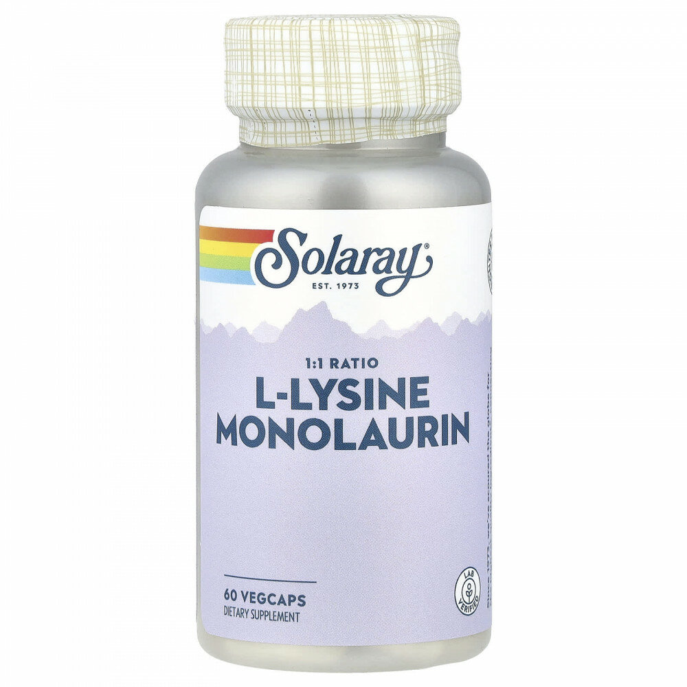 Solaray, L-лизин и монолаурин, в соотношении 1:1, 60 вегетарианских капсул
