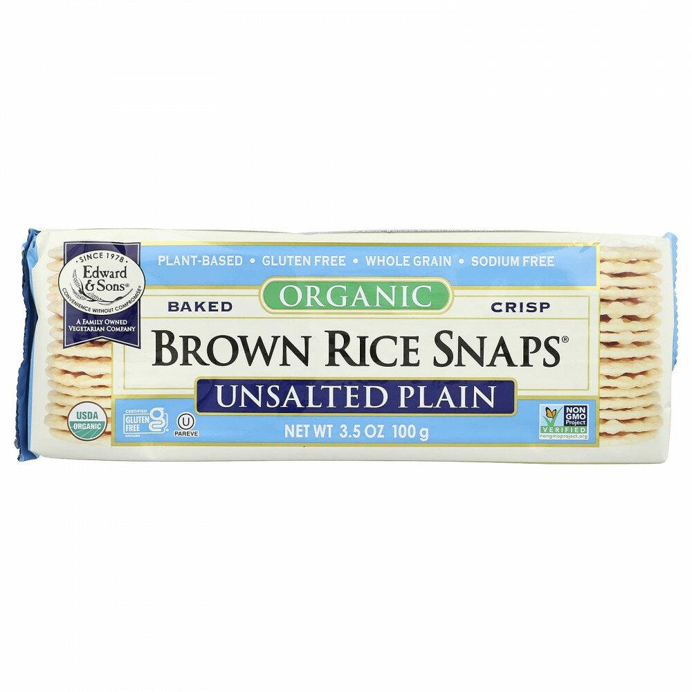 Edward & Sons, Organic Baked Crisp Brown Rice Snaps®, органический запеченный рис, несоленый, без добавок, 100 г (3,5 унции)