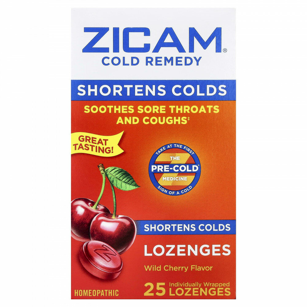 Zicam, Средство от простуды, леденцы, дикая вишня, 25 леденцов в индивидуальной упаковке