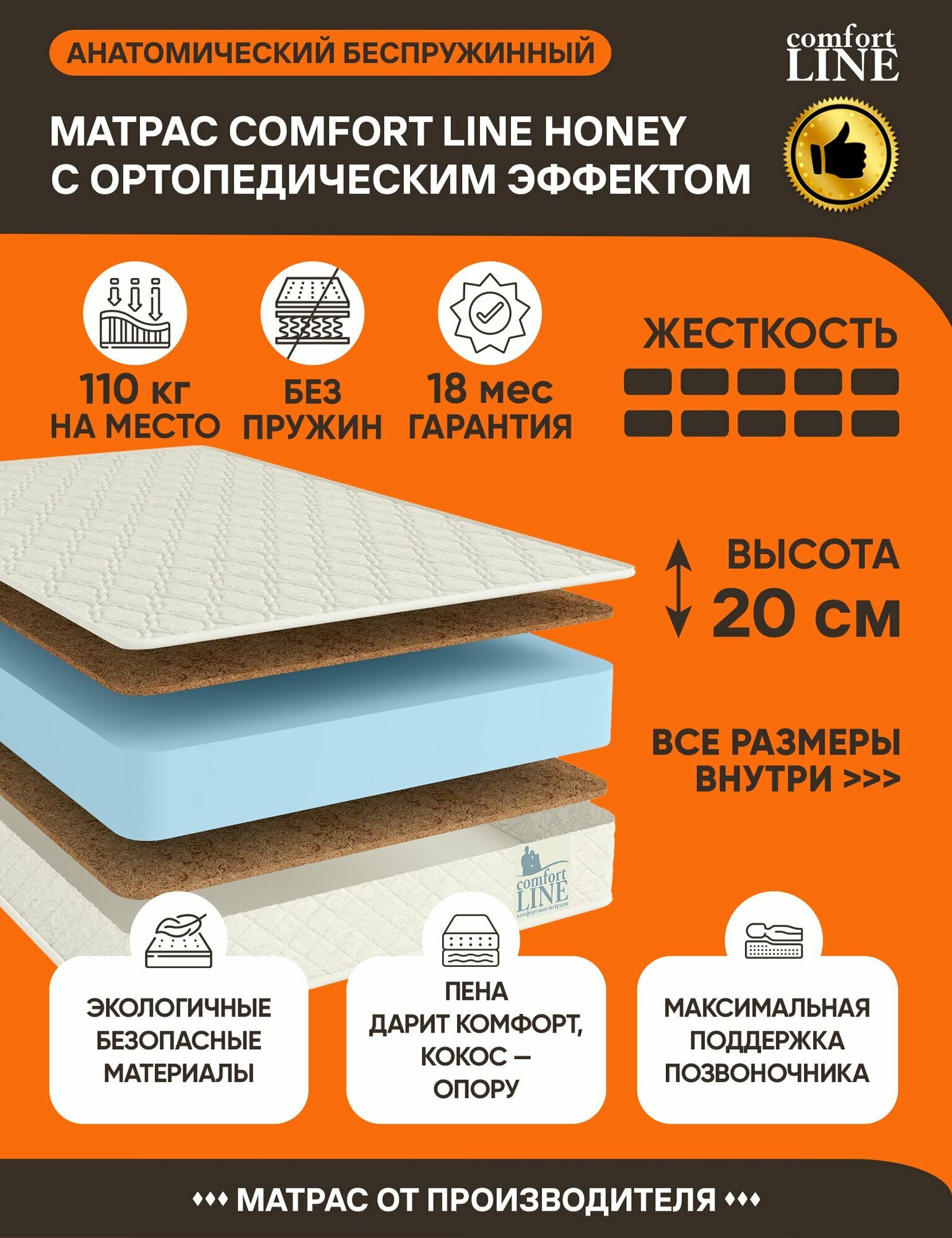 Матрас Comfort Line Honey 75х180 серии Lux высота 20 см анатомический жесткий кокосовый Беспружинный