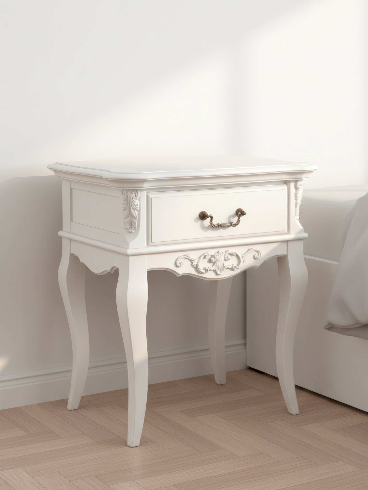 Тумба прикроватная Ля Нэж "White Wood", стиль Прованс, белый, деревянный, 1 ящик без состаривания