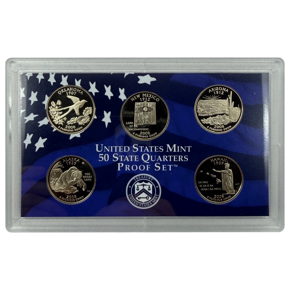 США, набор из 5 монет 25 центов "50 State Quarters Proof Set" 2008 г. (S) (Коробка)