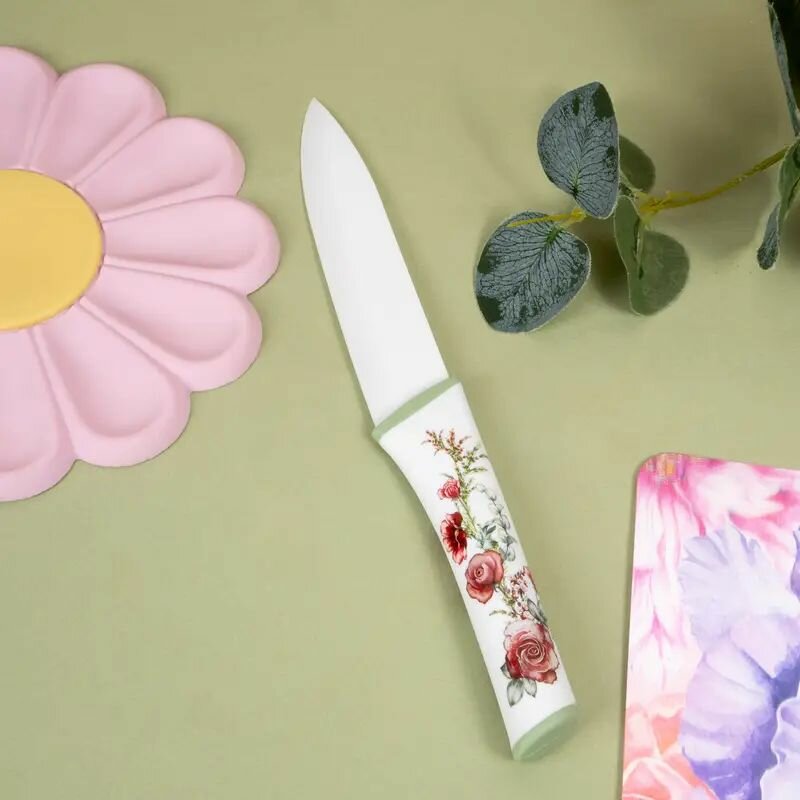 Керамический нож, 24 см, диоксид циркония, полипропилен, для нарезки мяса, рыбы, овощей и сыра, цветочный узор на ручке добавит уюта на вашей кухне.