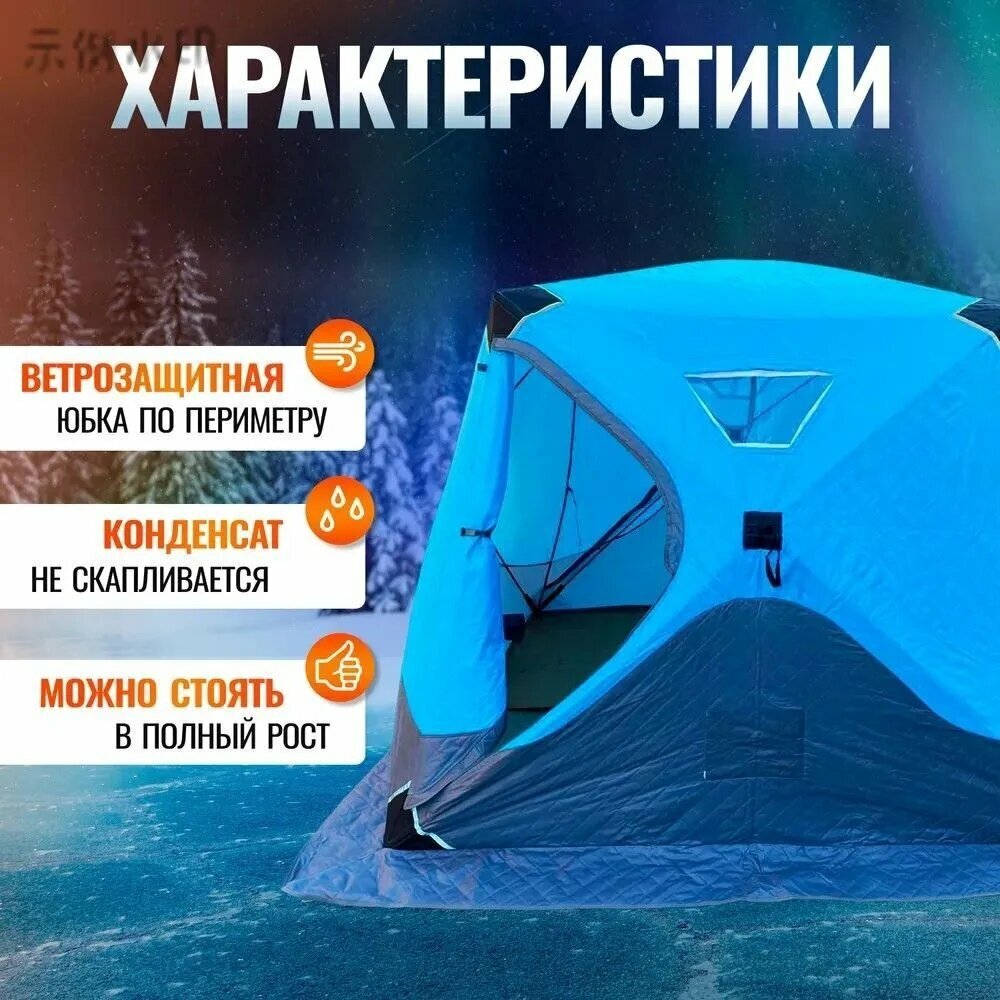 Палатка зимняя для рыбалки 210x210x170 см, Оксфорд 210D, каркас из стекловолокна, лазурная — фото 1