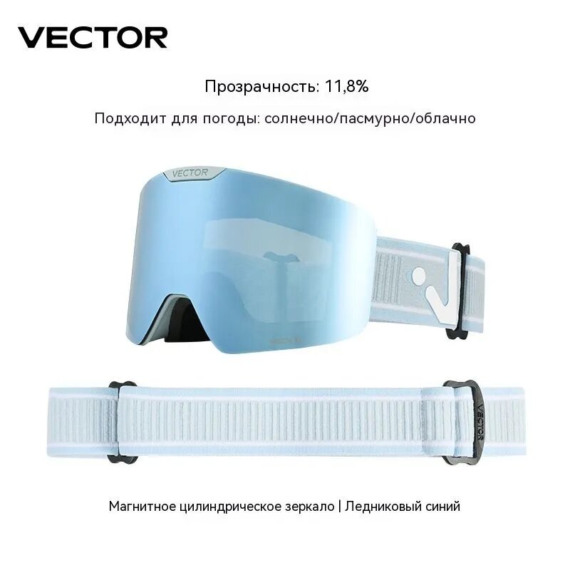 VECTOR Маска горнолыжная магнитное цилиндрическое зеркало Ледниковый синий для солнечной и пасмурной погоды