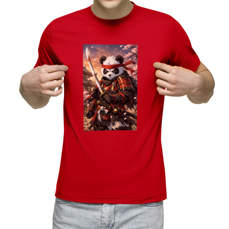 Мужская футболка «Панда японский воин с мечом» (красный, 2XL)