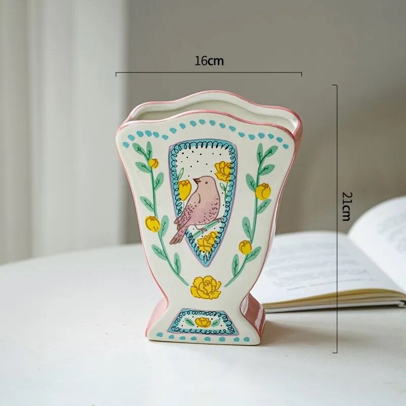 Фарфоровая ваза 'Соловей и Роза' – цветочный декор для гостиной и офиса (ручная роспись, подходит для гидропоники25 см)
